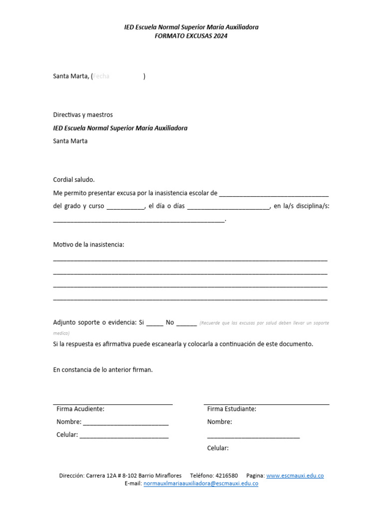 Formato Excusas 2024 | PDF