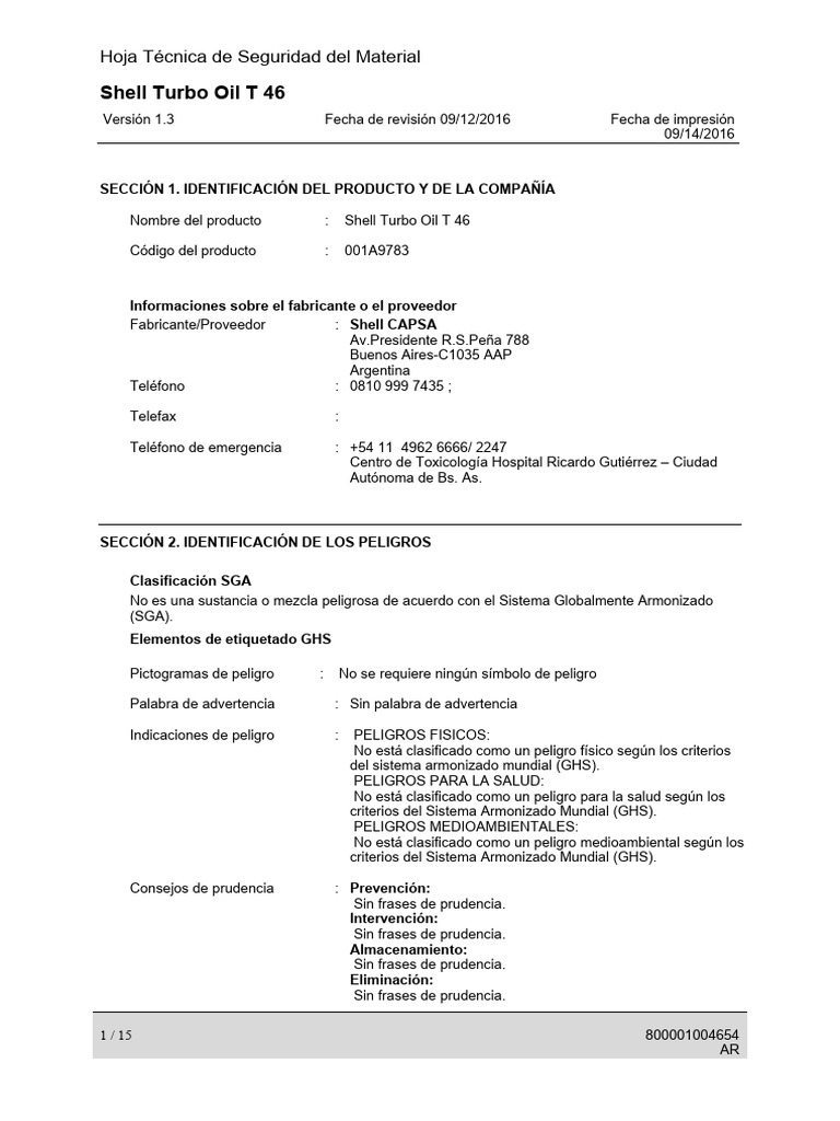 Shell Turbo Oil T 46 (Argentina) | PDF | Guante | Agua