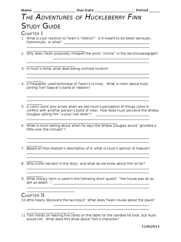 Huck Finn Study Guide: Chapters 1-2 | PDF | Huckleberry Finn