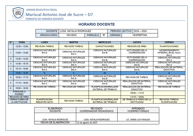 HORARIO DOCENTE 9no B | PDF | Ciencia y matemáticas