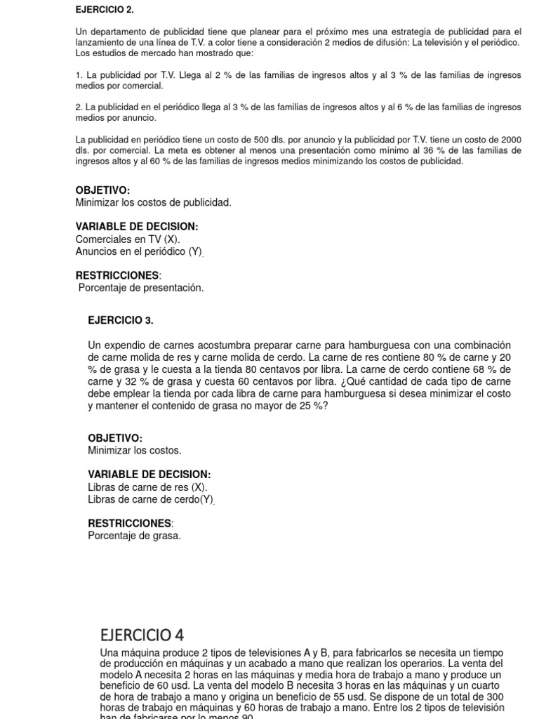Ejercicios Programacion Lineal | PDF | Carne | Publicidad Ejercicios Programacion Lineal | PDF | Carne | Publicidad