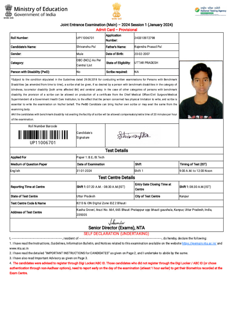 JEE Main 2024 Admit Card Instructions | PDF | Identity Document