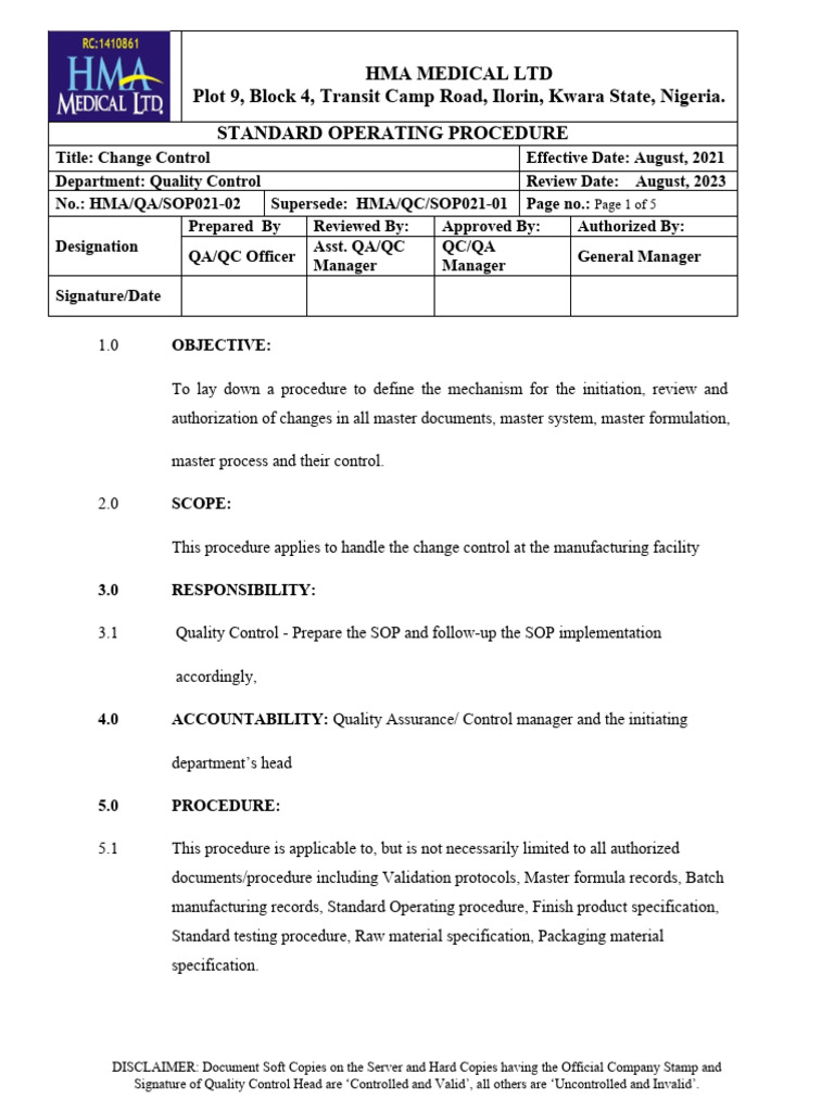 SOP For Change Control | PDF | Quality Assurance | Specification ...