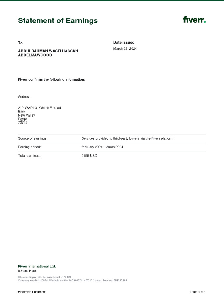 Fiverr Statement of Earnings 2024 | PDF | Finance & Money Management