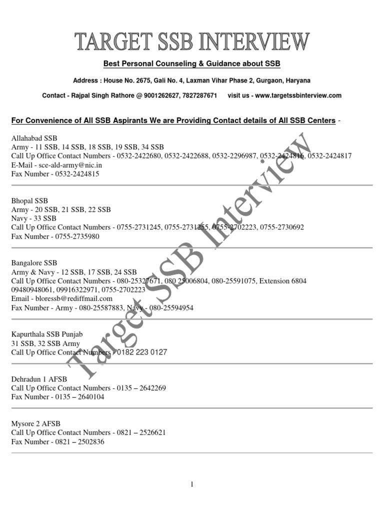 SSB Centers Contact Details | PDF