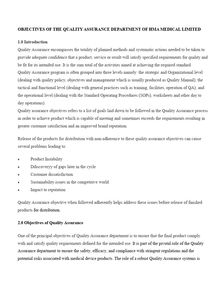 OBJECTIVES OF THE QUALITY ASSURANCE DEPARTMENT OF HMA MEDICAL LIMITED ...