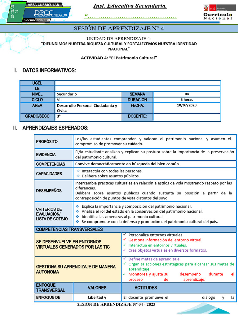3º DPCC - Sesion 4 Uni 4 - Sem 04 | PDF | Aprendizaje | Evaluación