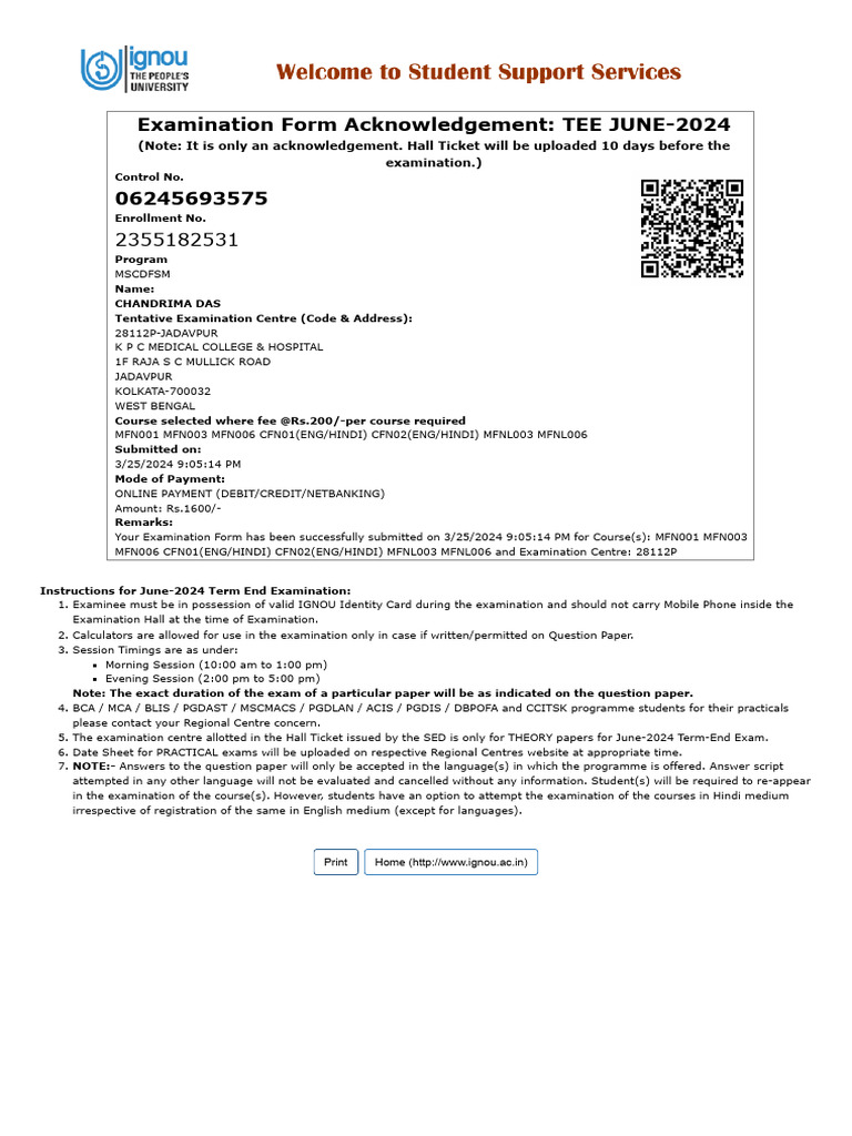 CdIGNOU - Examination Form Acknowledgement | Download Free PDF | Banking Technology | Payments