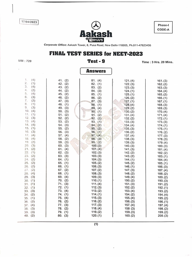 FTS - 09 (Code A) - Solutions + Key | PDF