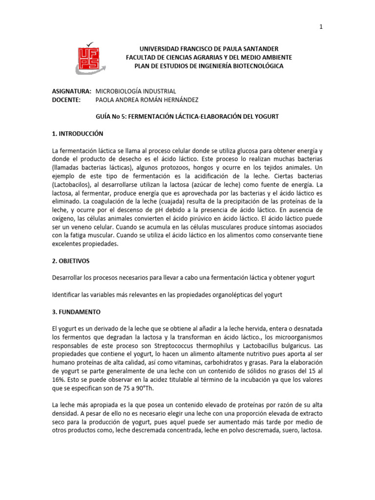 GUÍA No 5 FERMENTACIÓN LACTICA-ELABORACIÓN DEL YOGURT | PDF | Yogur | Leche