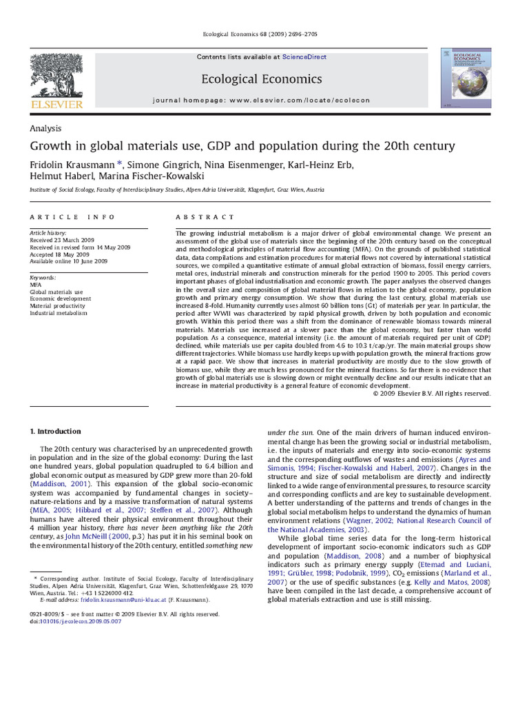 David_Growth in global materials use, GDP and population during the 20th century | PDF