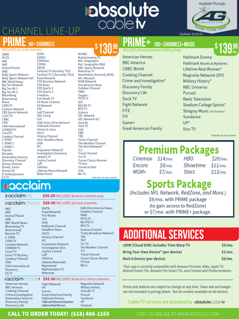 AGChannelLineup - Absolute Cable TV - Rev 012523 | PDF | Entertainment ...