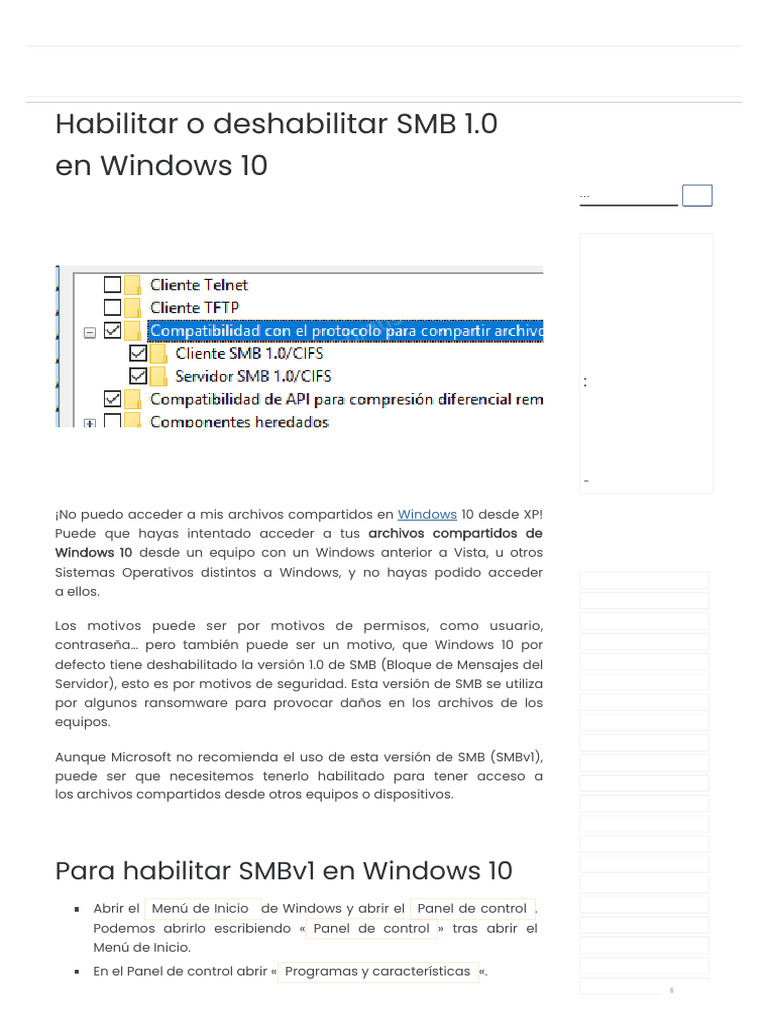 Habilitar o Deshabilitar SMB 1.0 en Windows 10 | Descargar gratis PDF | Microsoft Windows ...