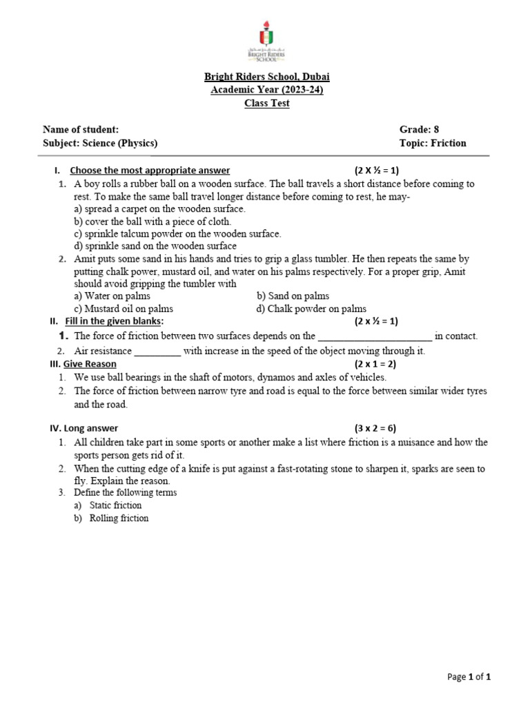 Class 8 Friction Class Test | PDF