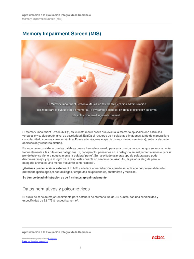 Memory Impairment Screen (MIS) : Datos Normativos y Psicométricos | PDF ...