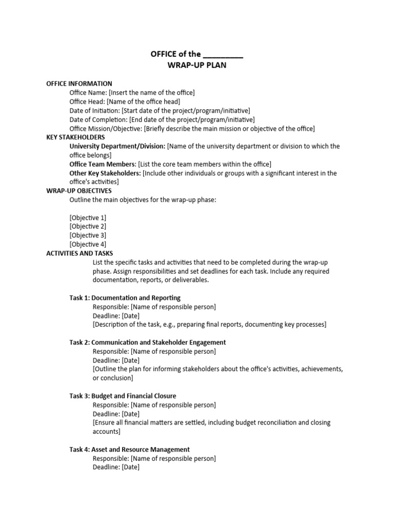 Wrap-Up Plan Document Template | PDF | Business
