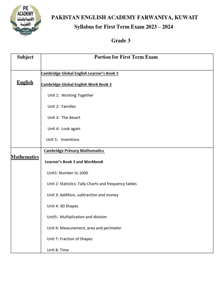 Grade 3 First Term Exam Syllabus 2023-24 | PDF | Earth | Water