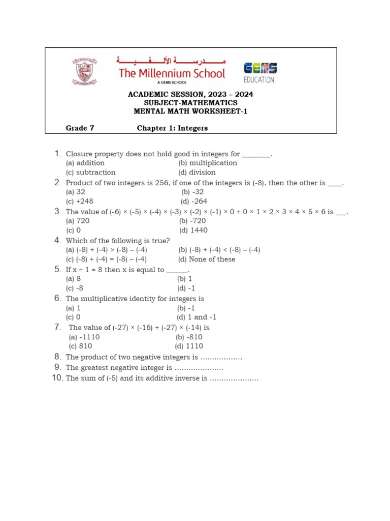 Mental Math Worksheet-1 - GR 7 - Integers | PDF