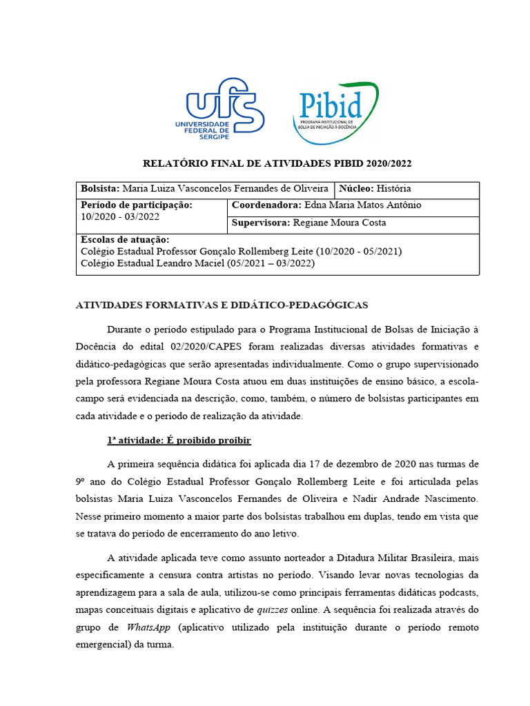 Relatório Final de Atividades Pibid | Download grátis PDF | Podcast | Rússia
