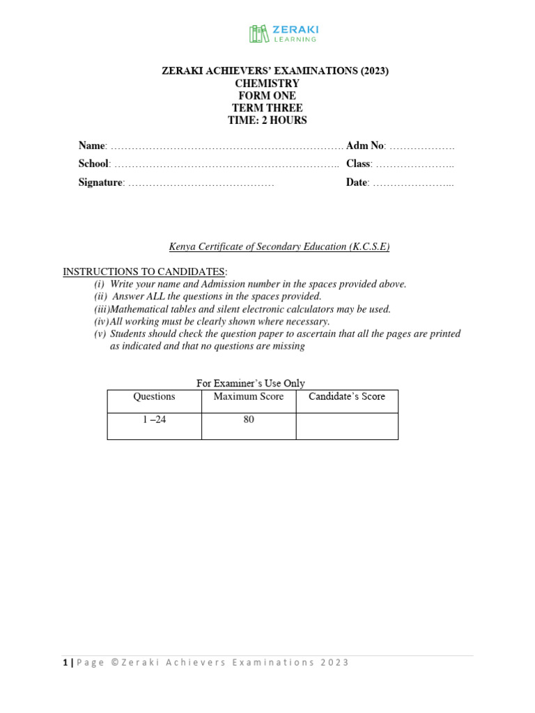 Chemistry - Chemistry Form 1 - Question Paper | Download Free PDF ...
