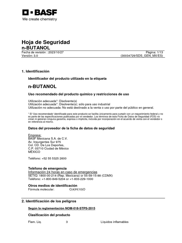 n-BUTANOL 000000000030034729 SDS GEN MX Es 3-0 | PDF | Agua | Toxicidad