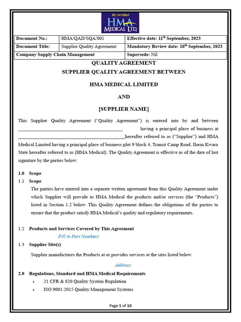 Supplier Quality Agreement 2 | PDF | Specification (Technical Standard ...