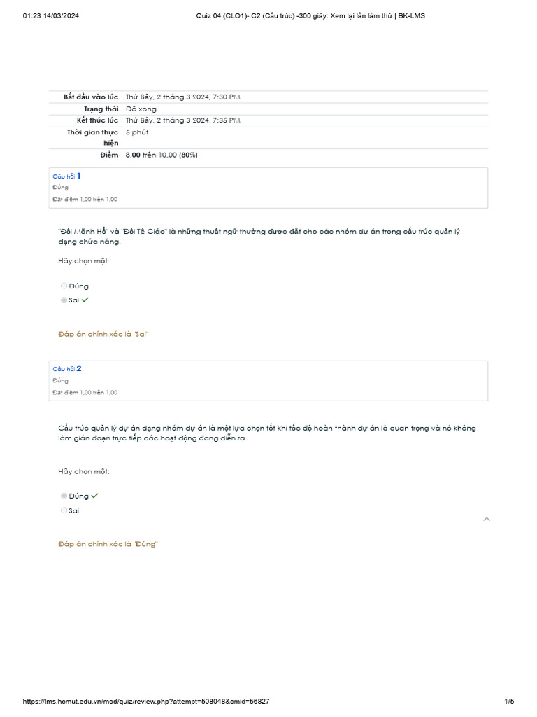 Quiz 04 (CLO1) - C2 (Cấu trúc) -300 giây - Xem lại lần làm thử - BK-LMS | PDF