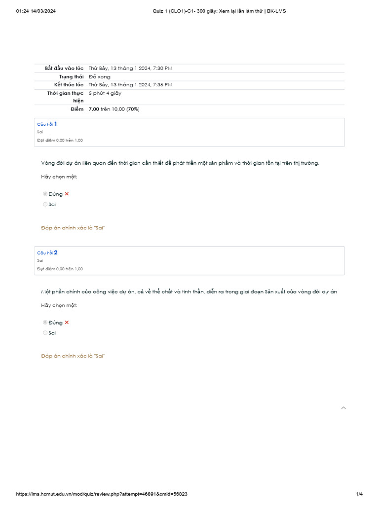 Quiz 1 (CLO1) -C1- 300 giây - Xem lại lần làm thử - BK-LMS | PDF