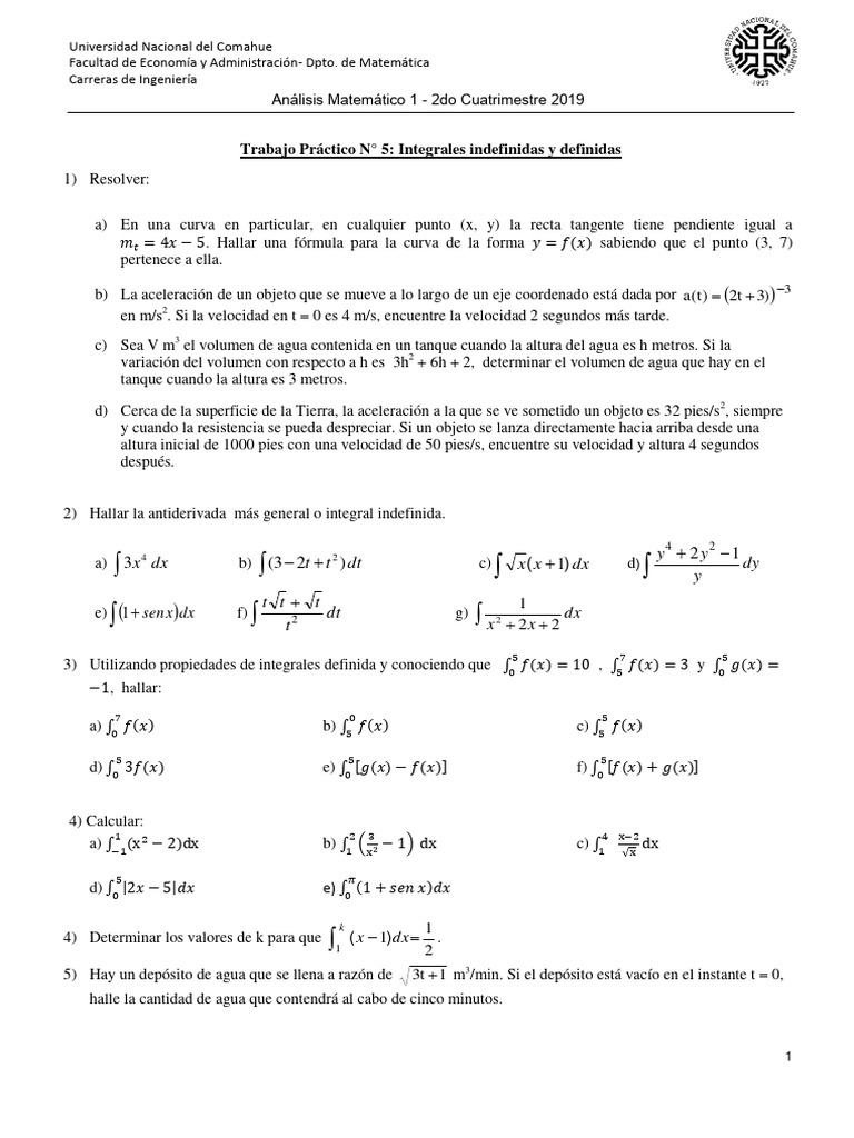 TPN°5 Integrales 2C2019 | PDF | Integral | Velocidad