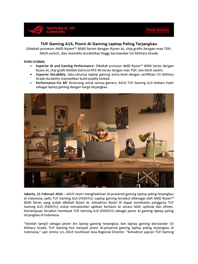Press Release - TUF Gaming A15, Pionir AI Gaming Laptop Paling Terjangkau | PDF