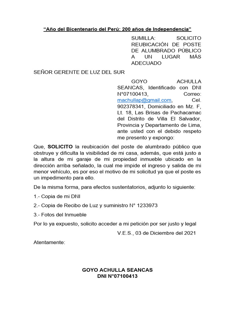 Solicitud de Reubicación de Poste | PDF