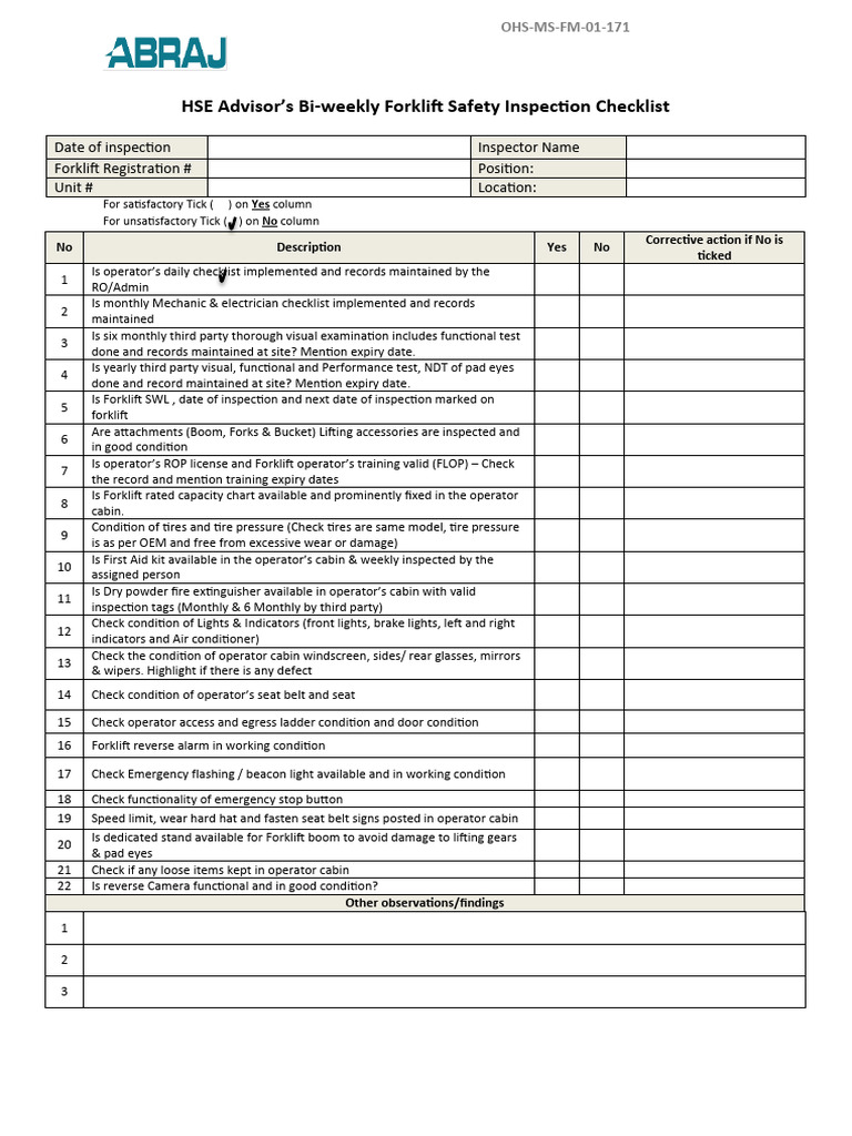 Bi-Weekly Forklift Safety Inspection Checklist - 25.12.2023 | PDF ...