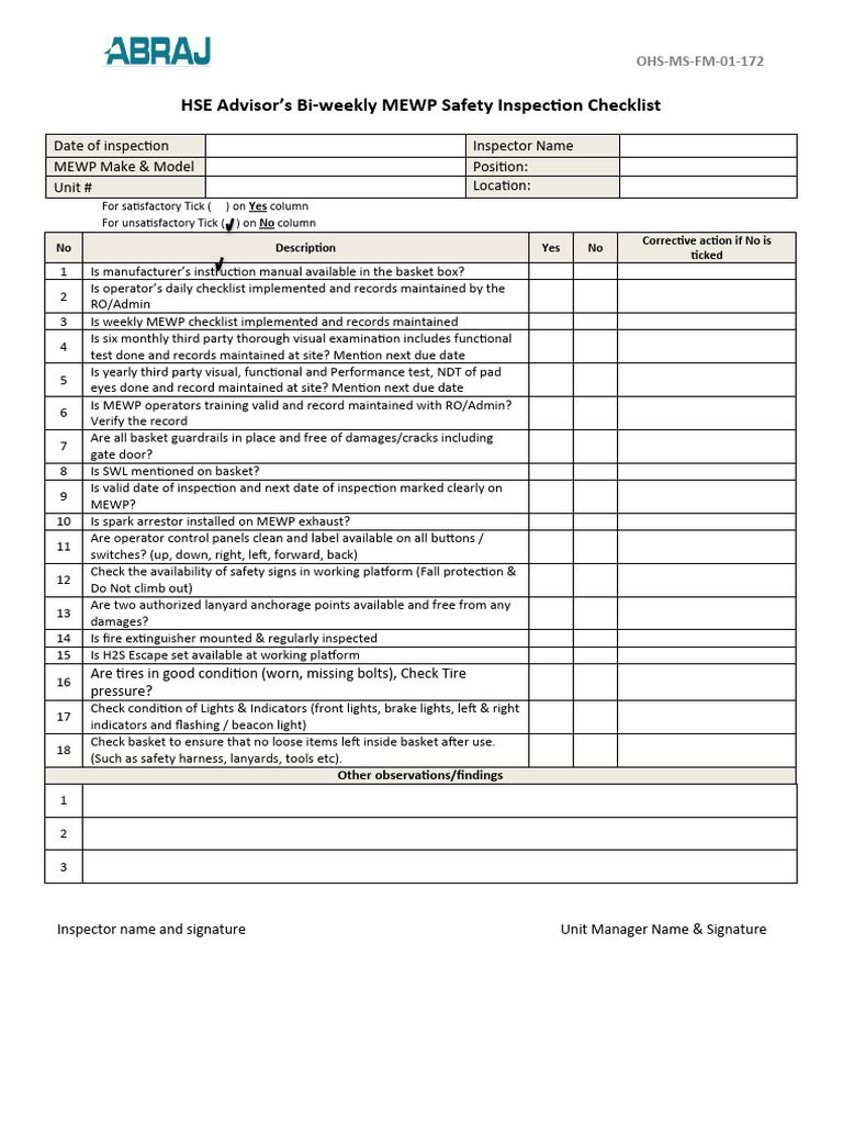 MEWP Safety Inspection Checklist | PDF | Safety