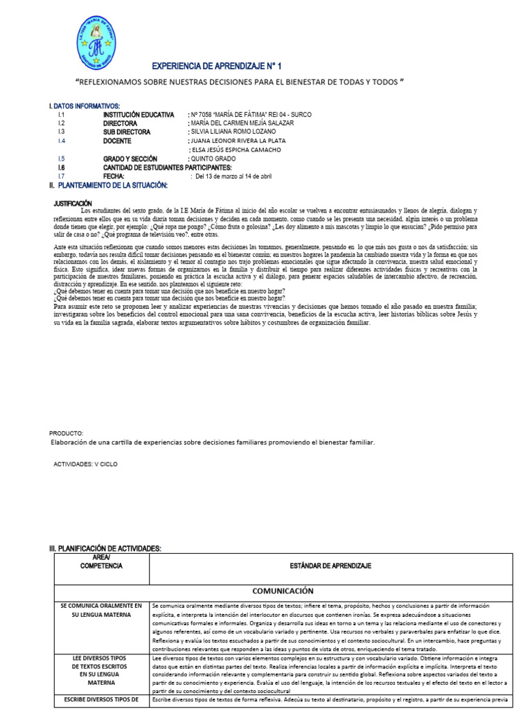 Modelo 1° Experiencia de Aprendizaje - 5to Grado MF | PDF | Aprendizaje | Las emociones
