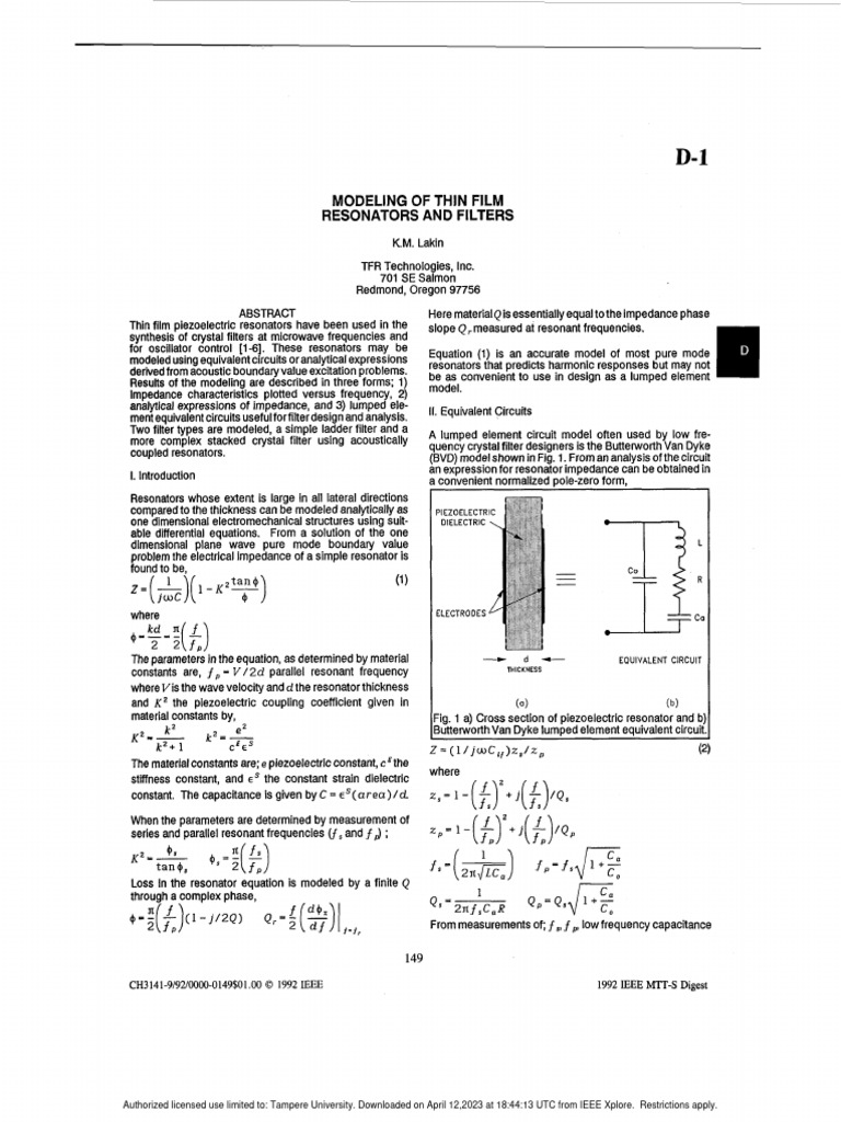 Thin Film Resonators and Filters Modeling | PDF | Electronic Filter ...