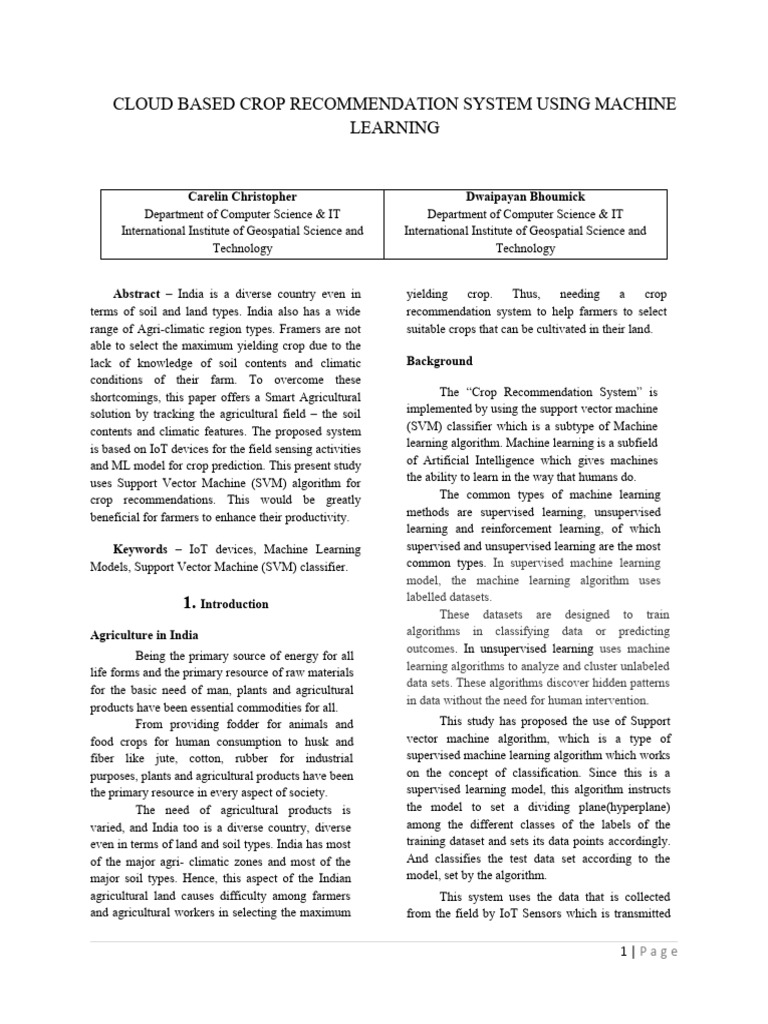 CLOUD BASED CROP RECOMMENDATION SYSTEM USING MACHINE LEARNING | PDF | Support Vector Machine ...