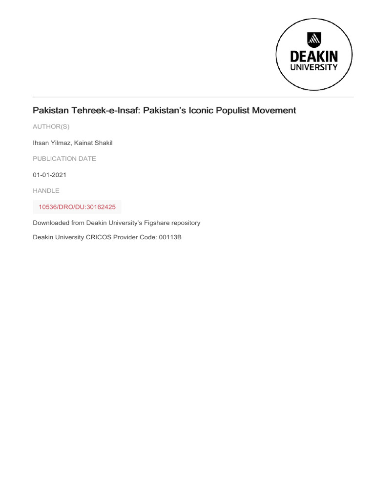 Pakistan Tehreek-e-Insaf Pakistan's Iconic Populist Movement - Ihsan Yilmaz, Kainat Shakil | PDF ...