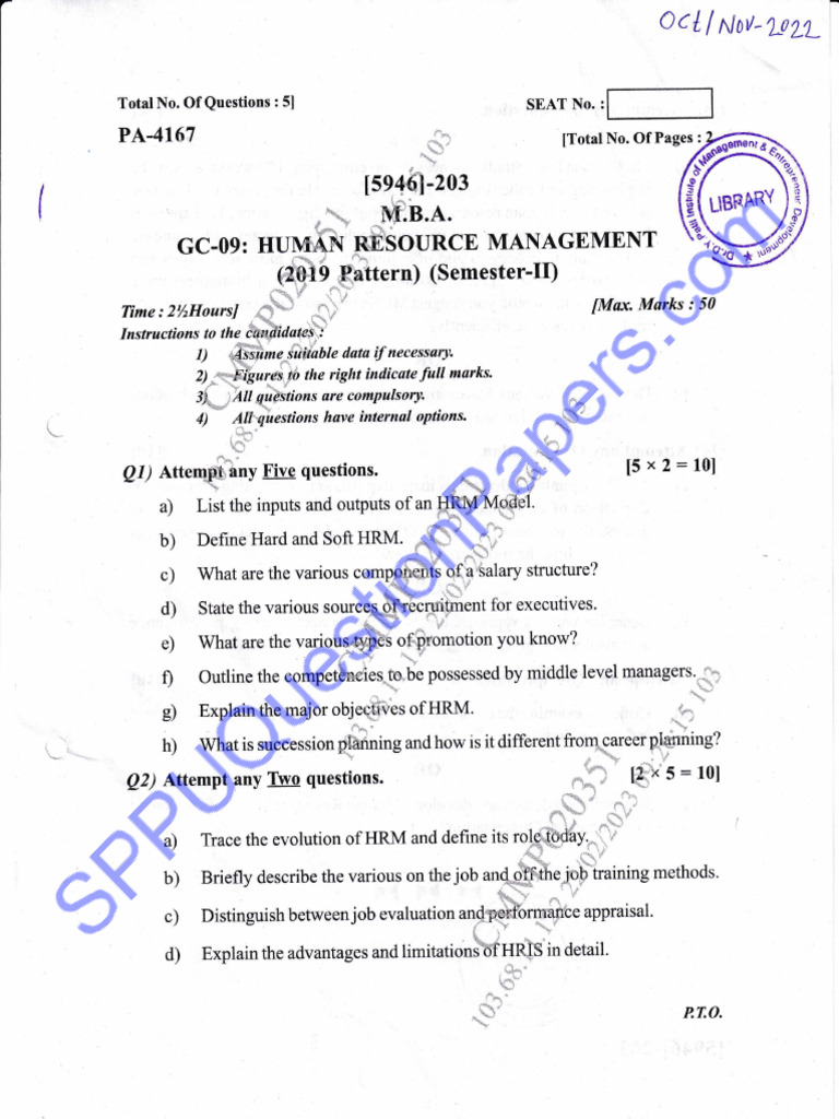 Postgraduate PG - Mba - Semester 2 - 2022 - November - Human Resources Management Pattern 2019 ...