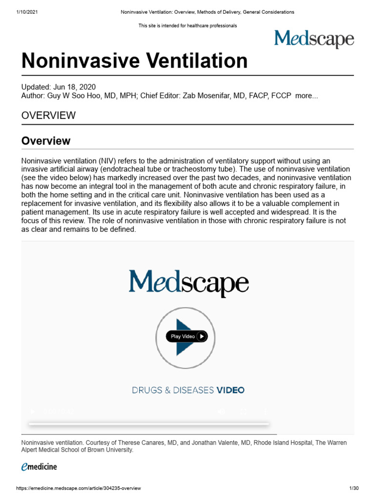 Noninvasive Ventilation - Overview, Methods of Delivery, General Considerations | PDF | Chronic ...