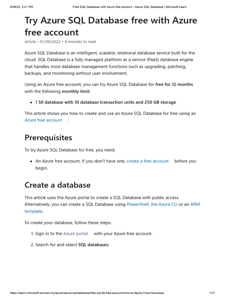 Free SQL Database With Azure Free Account - Azure SQL Database - Microsoft Learn - Pdf ...