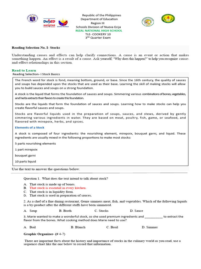 3rd Periodical Test - Cookery 10 - (Reading Selections Used, Credited ...
