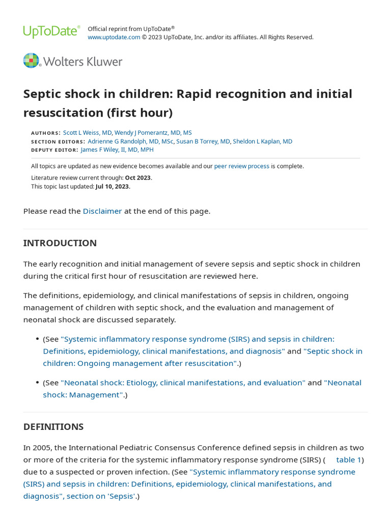 Septic Shock in Children - Rapid Recognition and Initial Resuscitation ...