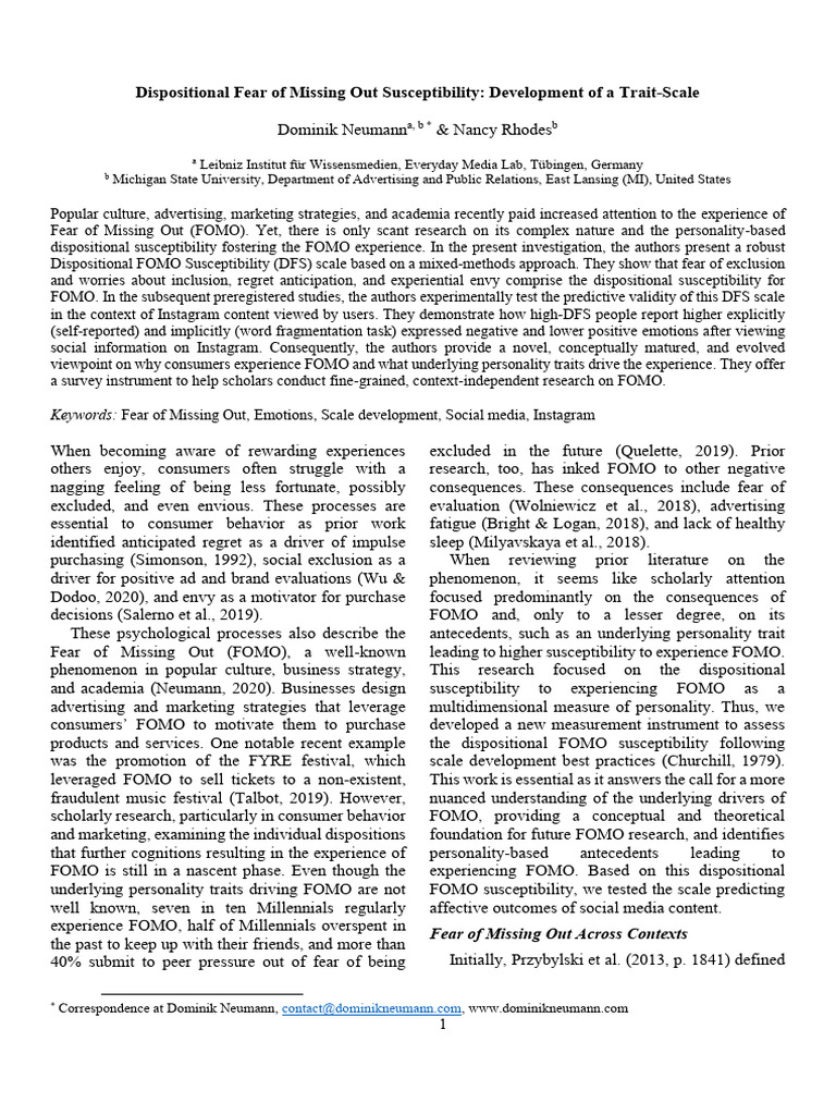 Dispositional Fear of Missing Out Susceptibility Development of A Trait ...