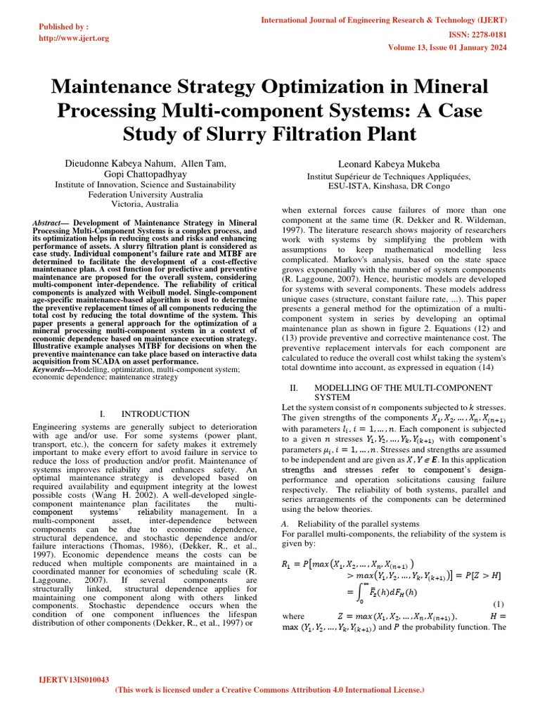 Maintenance Strategy Optimization in Mineral Processing Multi Component Systems A Case Study of ...