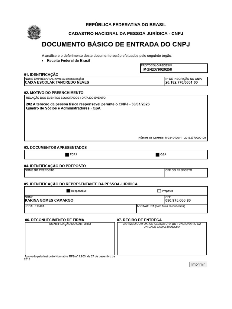 Documento Básico de Entrada Do CNPJ: República Federativa Do Brasil Cadastro Nacional Da Pessoa ...