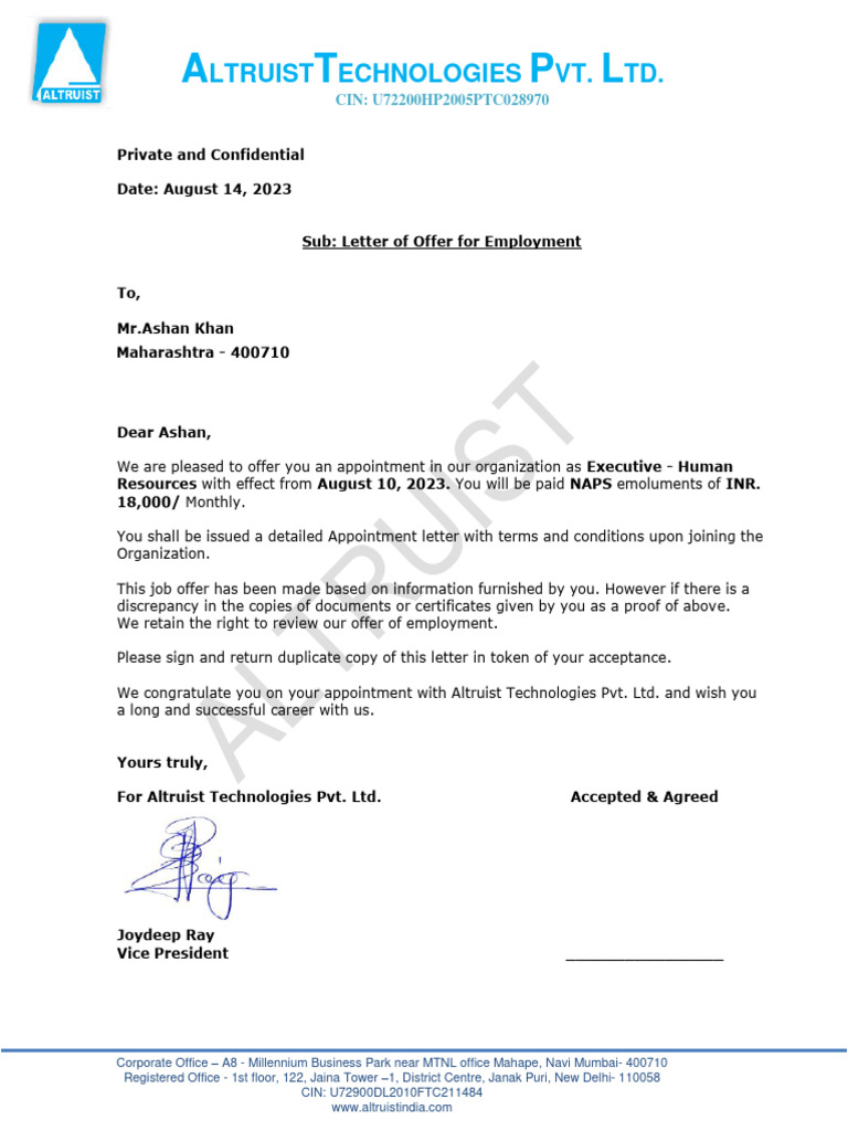 Employment Offer Letter for Ashan Khan | PDF | Government Finances | Taxes