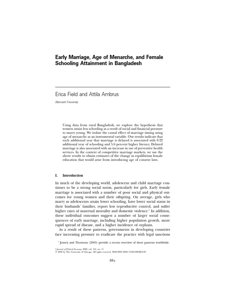 Early Marriage, Age of Menarche, and Female | PDF | Marriage | Puberty