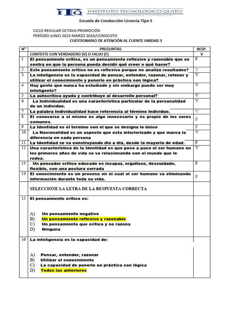 CUESTIONARIO UNIDAD 3 Atención Al Cliente | PDF | Pensamiento | Pensamiento crítico