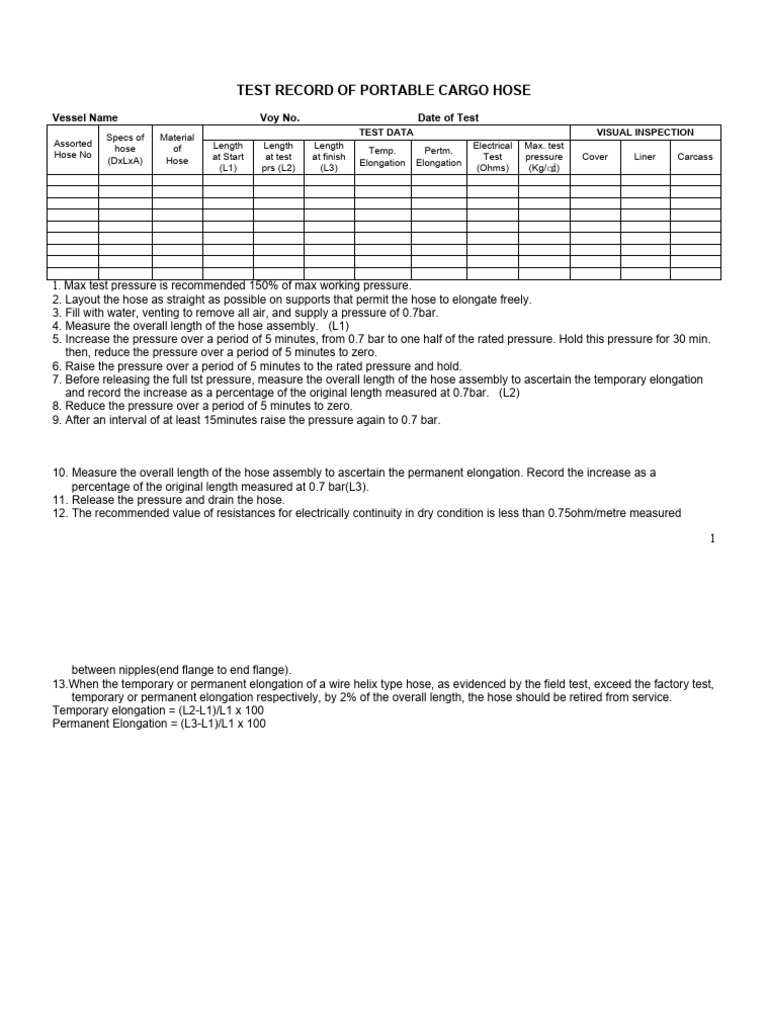 Cargo Hose Elongation Test Record | PDF