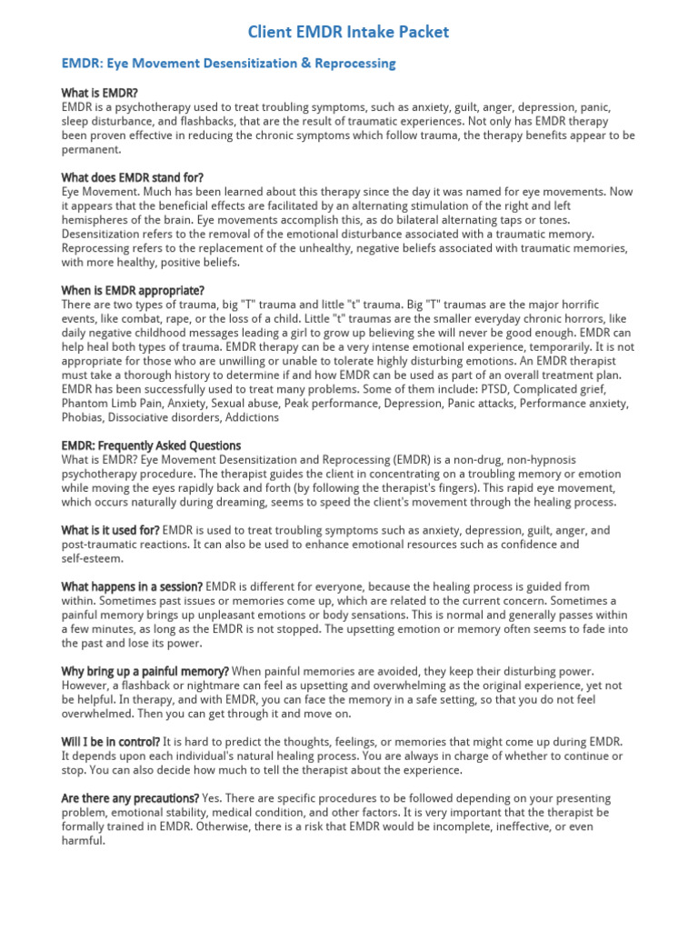 EMDR Intake Packet | Download Free PDF | Eye Movement Desensitization ...